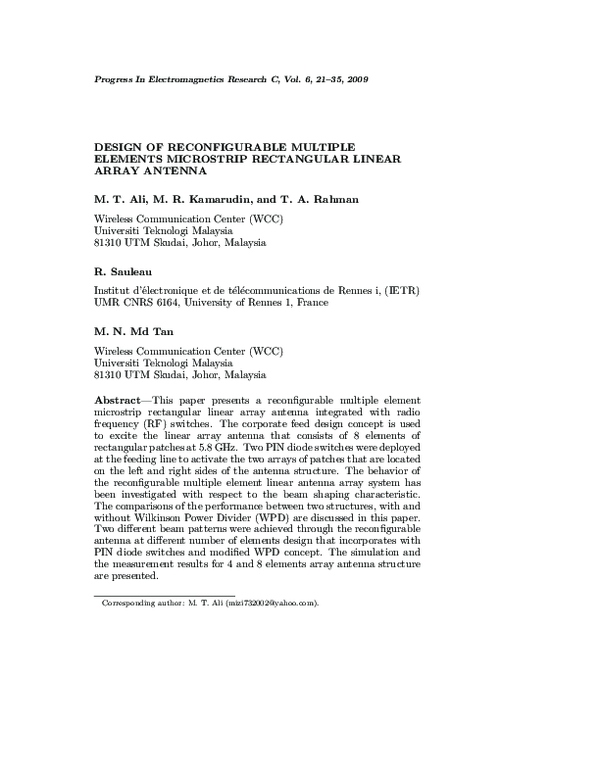 Pdf Design Of Reconfigurable Multiple Elements Microstrip Rectangular Linear Array Antenna