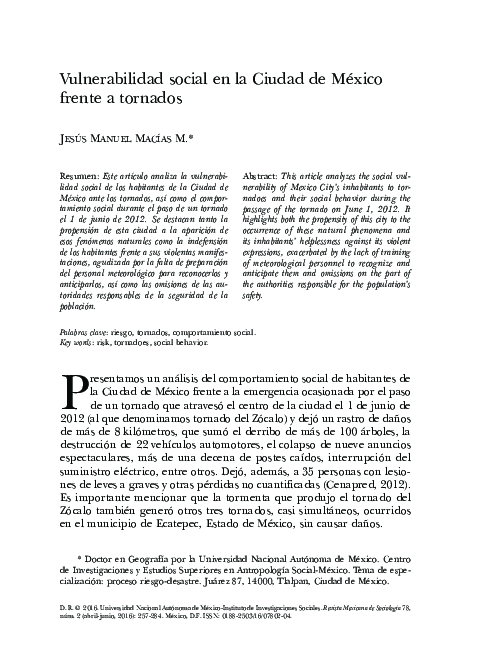 Vulnerabilidad social en la Ciudad de México frente a tornados