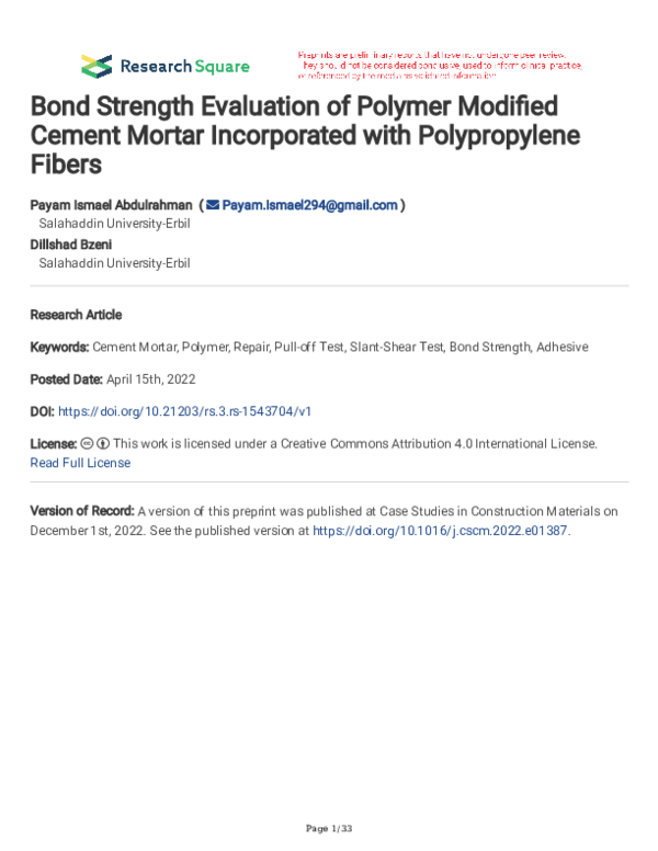 (PDF) Bond strength evaluation of polymer modified cement mortar ...