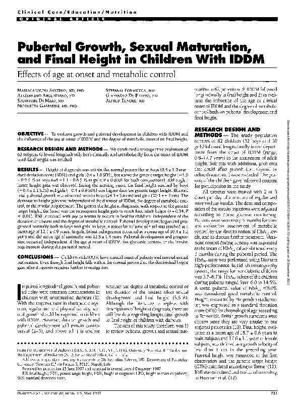 (PDF) Pubertal Growth, Sexual Maturation, and Final Height in Children With IDDM: Effects of age ...