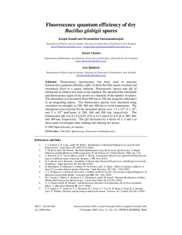 (PDF) Fluorescence quantum efficiency of dry Bacillus globigii spores ...
