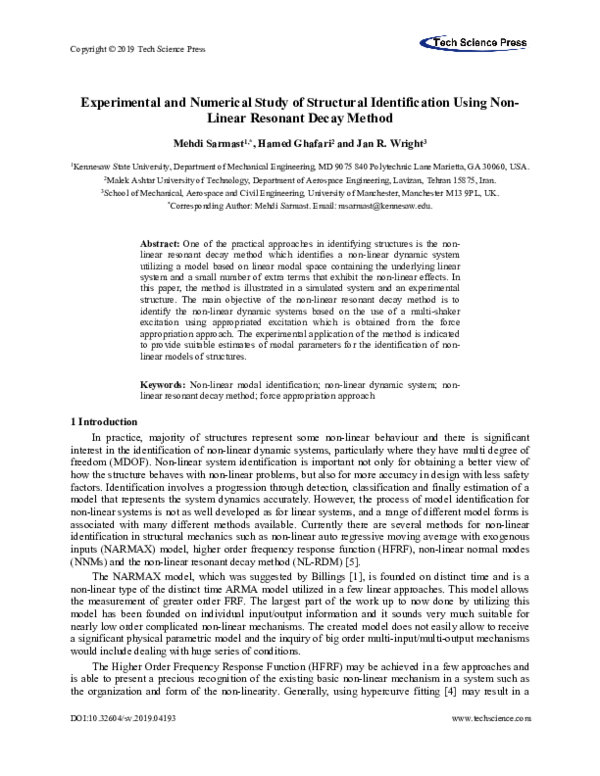 (PDF) Experimental and Numerical Study of Structural Identification Using Non-Linear Resonant ...
