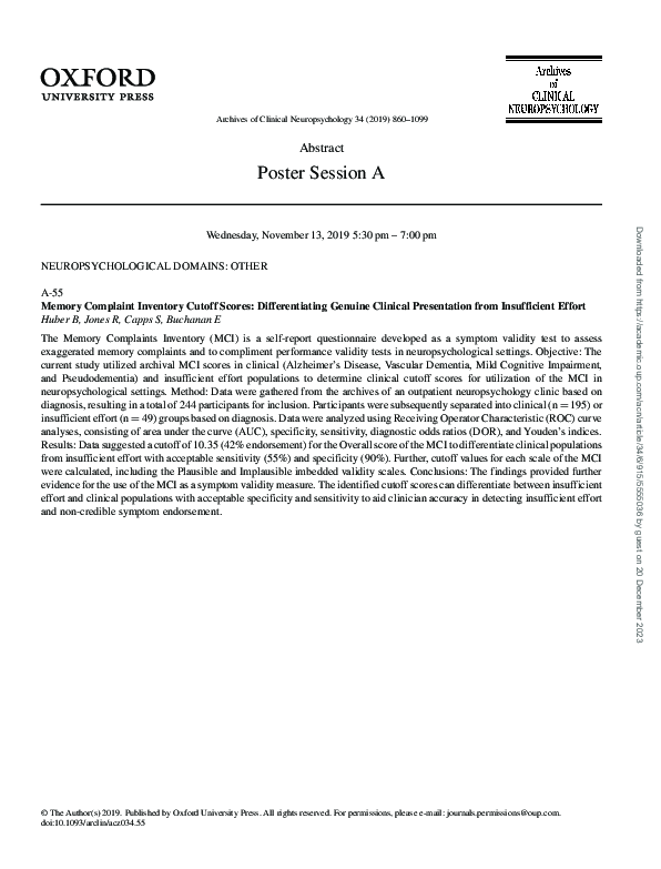 (PDF) A-55 Memory Complaint Inventory Cutoff Scores: Differentiating ...