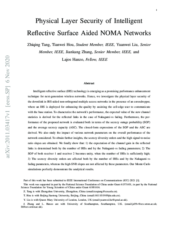 (PDF) Physical Layer Security of Intelligent Reflective Surface Aided NOMA Networks | Lajos ...