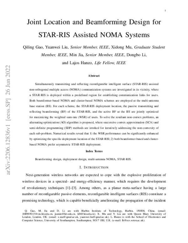 Pdf Joint Location And Beamforming Design For Star Ris Assisted Noma Systems