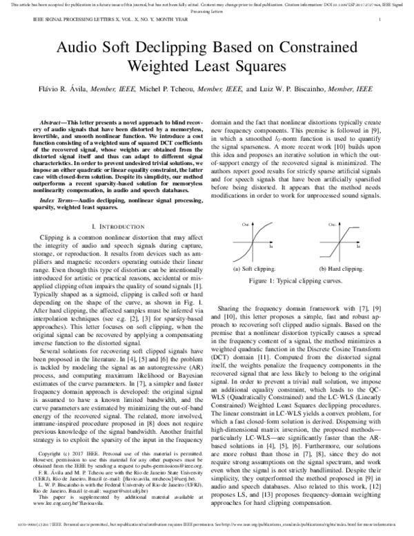 Pdf Audio Soft Declipping Based On Constrained Weighted Least Squares