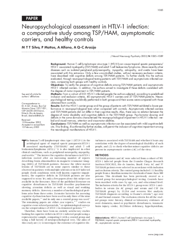 (PDF) Neuropsychological assessment in HTLV-1 infection: a comparative study among TSP/HAM ...