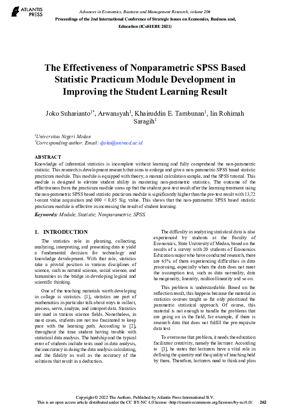 (PDF) The Effectiveness of Nonparametric SPSS Based Statistic Practicum Module Development in ...
