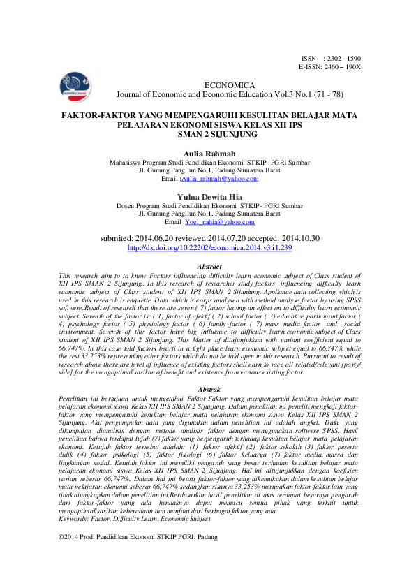 (PDF) Faktor-Faktor Yang Mempengaruhi Kesulitan Belajar Mata Pelajaran Ekonomi Siswa Kelas XII ...