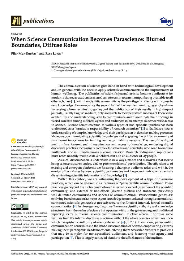 (PDF) When Science Communication Becomes Parascience: Blurred Boundaries, Diffuse Roles | Rosa ...