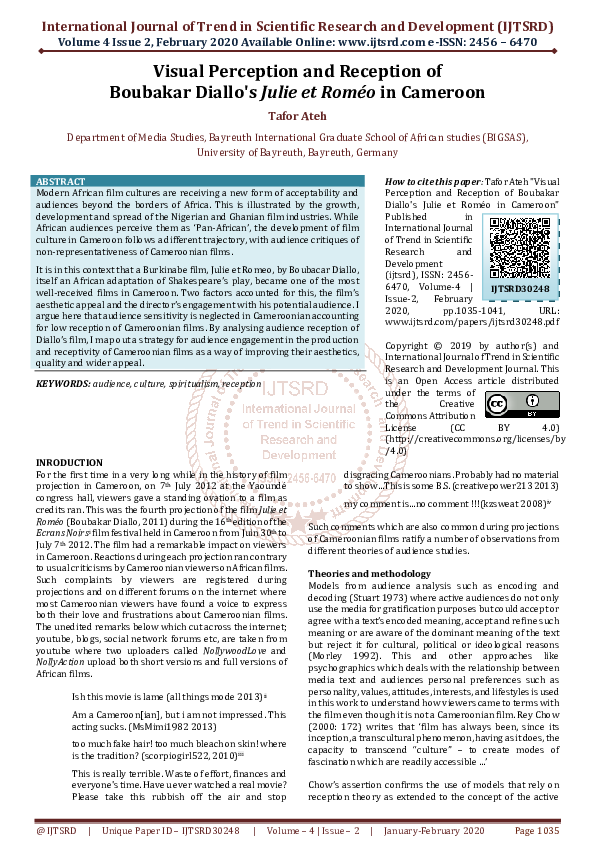 (PDF) Visual Perception and Reception of Boubakar Diallo's Julie et Roméo in Cameroon