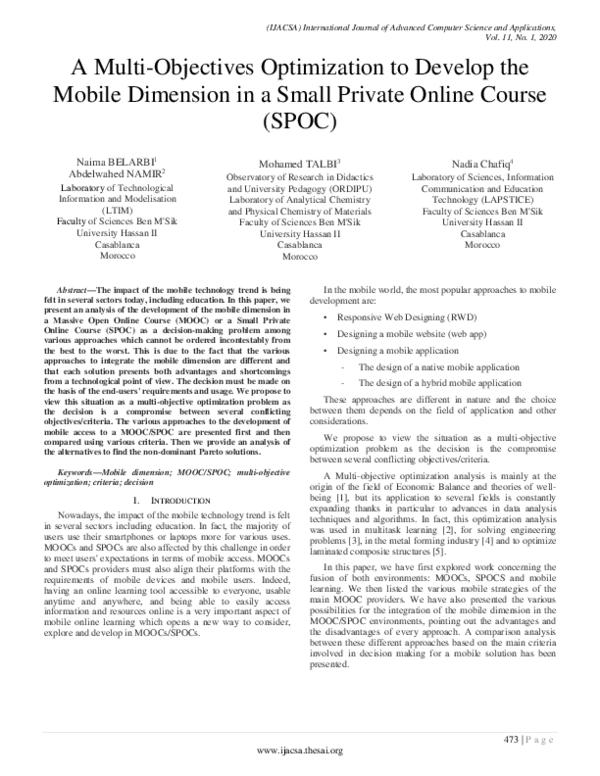 (PDF) A Multi-Objectives Optimization to Develop the Mobile Dimension in a Small Private Online ...