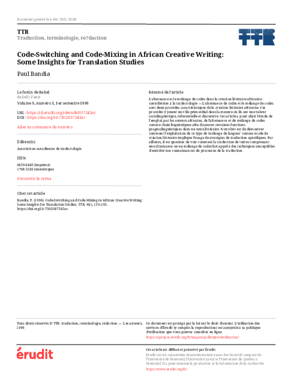 (PDF) Code-Switching and Code-Mixing in African Creative Writing: Some Insights for Translation ...