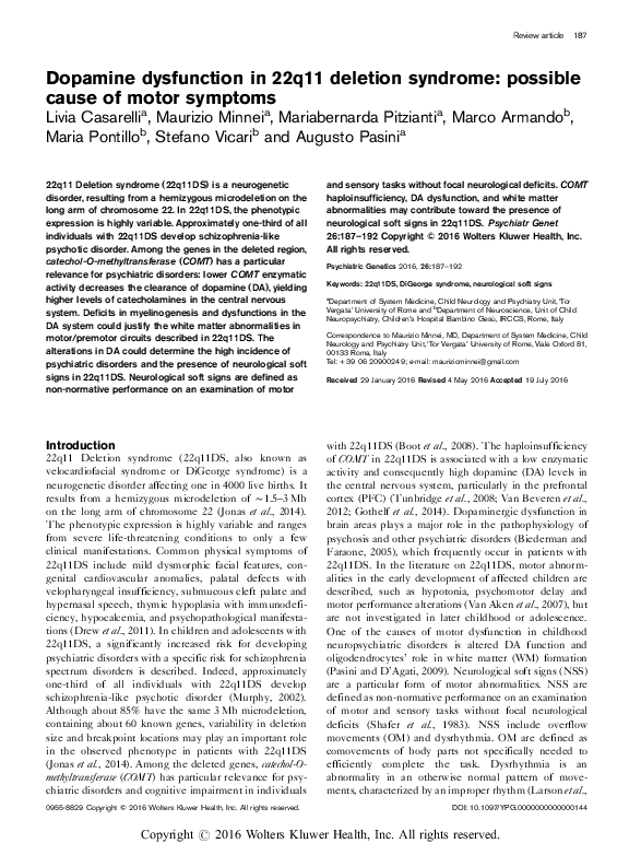 (PDF) Dopamine dysfunction in 22q11 deletion syndrome