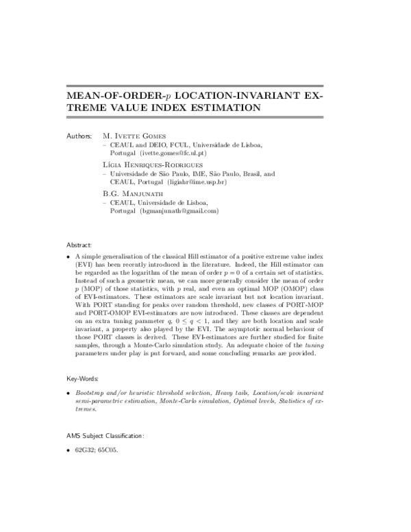 (PDF) Mean-of-Order-p Location-Invariant Extreme Value Index Estimation