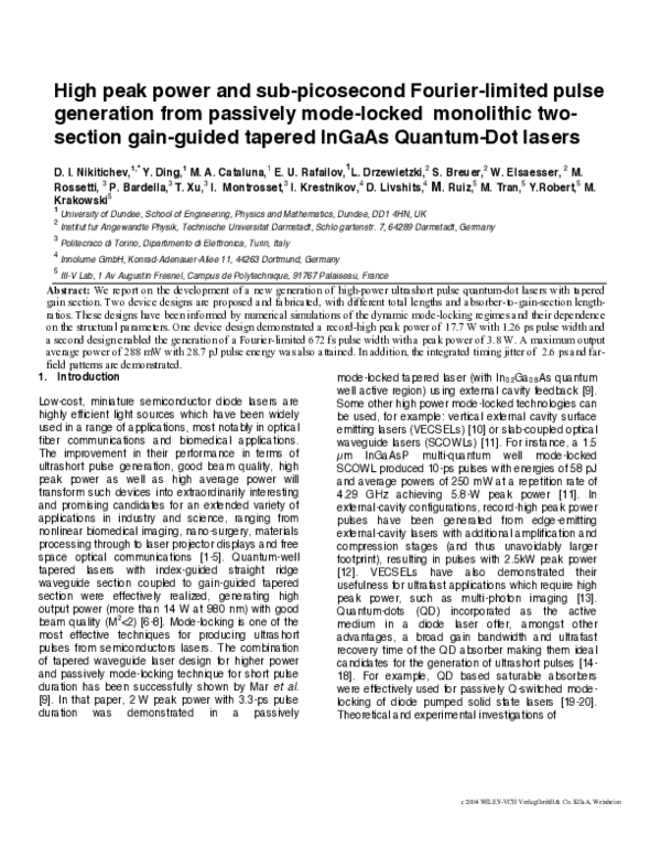 (PDF) High peak power and sub-picosecond Fourier-limited pulse generation from passively mode ...