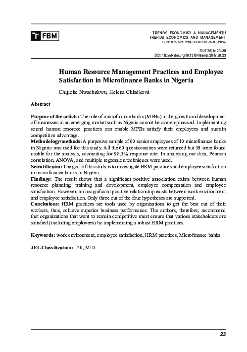 (PDF) Human Resource Management Practices and Employee Satisfaction in Microfinance Banks in Nigeria