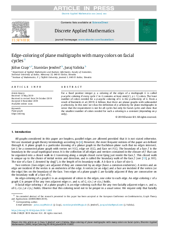 (PDF) Edge-coloring of plane multigraphs with many colors on facial cycles