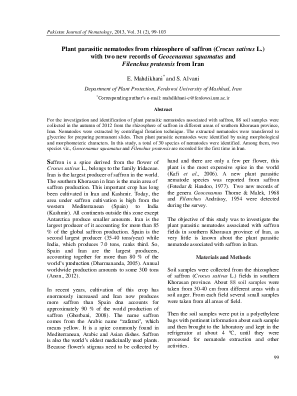 (PDF) Plant parasitic nematodes from rhizosphere of saffron (Crocus ...