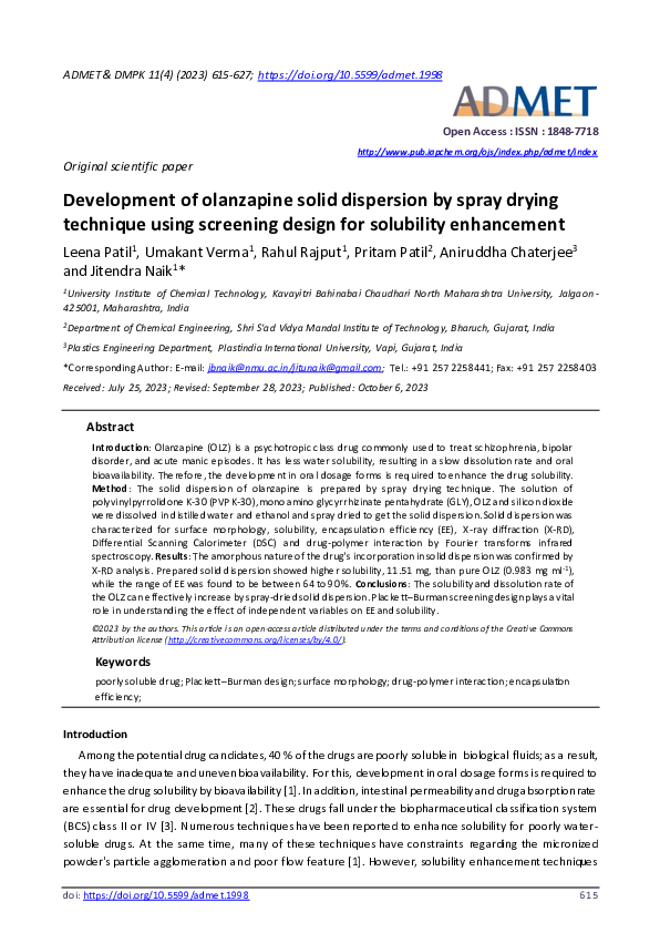(PDF) Development of olanzapine solid dispersion by spray drying ...
