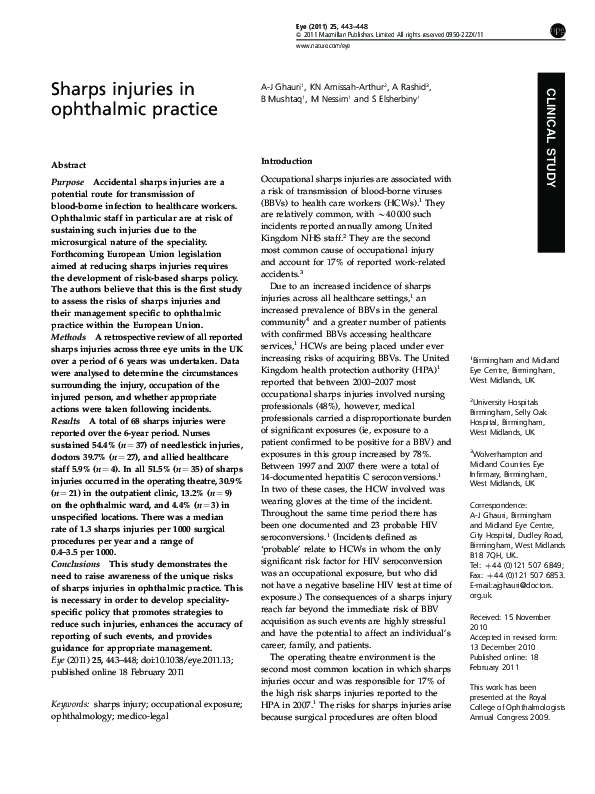 (PDF) Sharps injuries in ophthalmic practice | Samer Elsherbiny ...