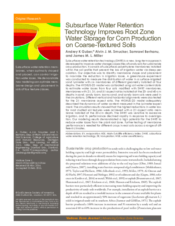 (PDF) Subsurface Water Retention Technology Improves Water Use ...