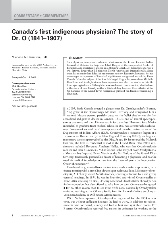 (PDF) Canada’s first indigenous physician? The story of Dr. O (1841–1907)