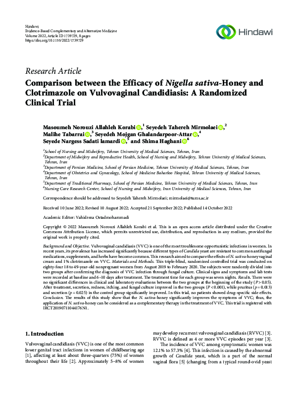 (PDF) Comparison between the Efficacy of Nigella sativa-Honey and Clotrimazole on Vulvovaginal ...