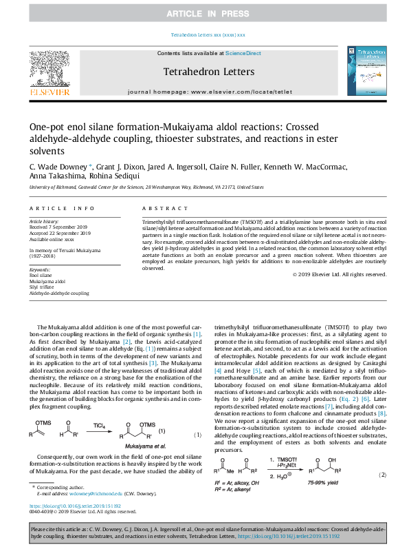 (PDF) One-pot enol silane formation-Mukaiyama aldol reactions: Crossed ...