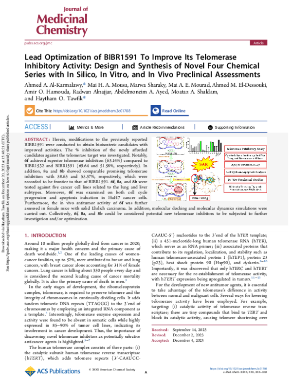 (PDF) Lead Optimization of BIBR1591 To Improve Its Telomerase Inhibitory Activity: Design and ...