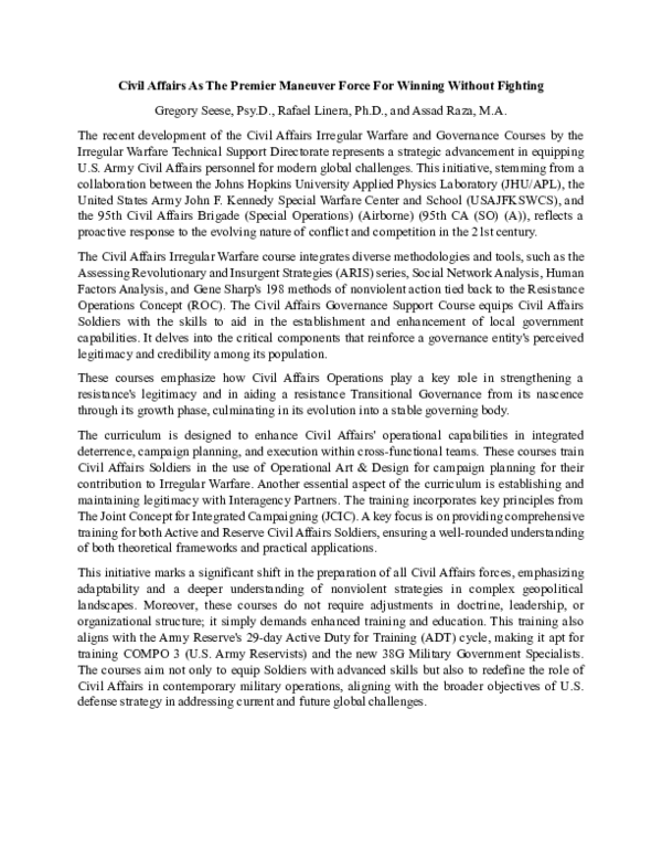 (PDF) Civil Affairs As The Premier Maneuver Force For Winning Without ...