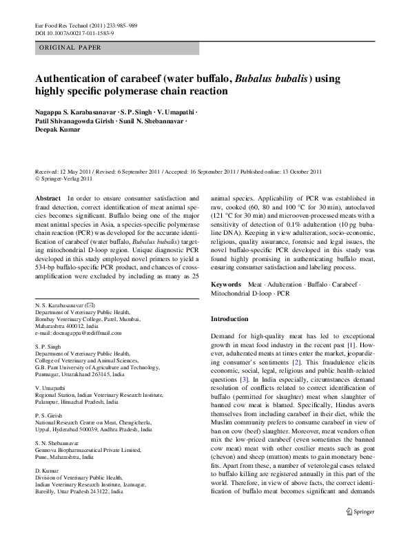 (PDF) Authentication of carabeef (water buffalo, Bubalus bubalis) using highly specific ...