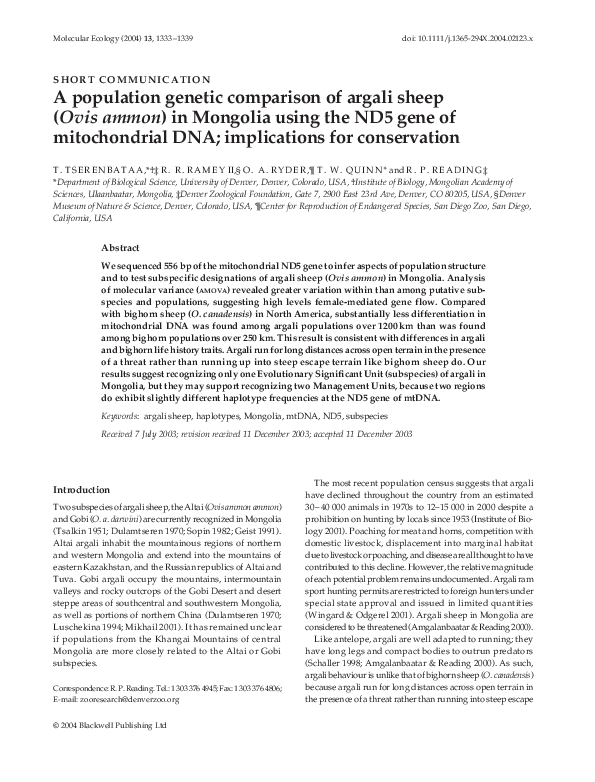 (PDF) A population genetic comparison of argali sheep (Ovis ammon) in ...