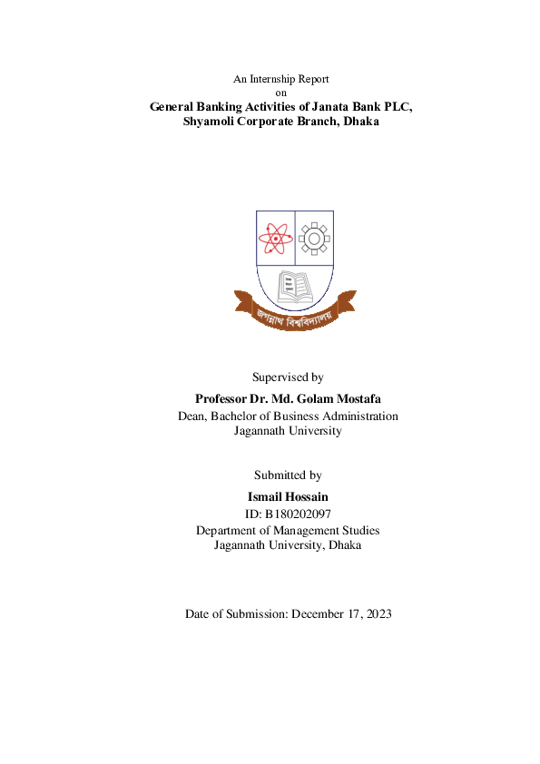 (PDF) General Banking Activities of Janata Bank PLC, Shyamoli Corporate ...