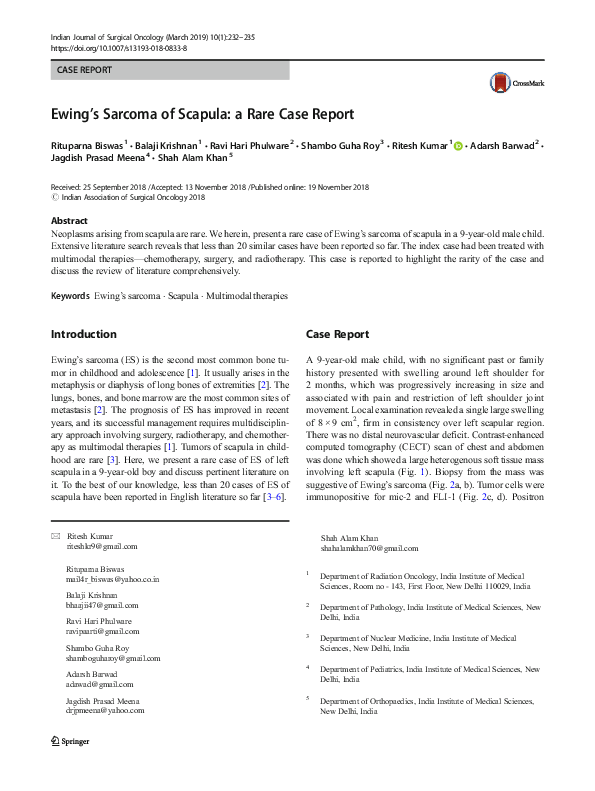 (PDF) Ewing’s Sarcoma of Scapula: a Rare Case Report