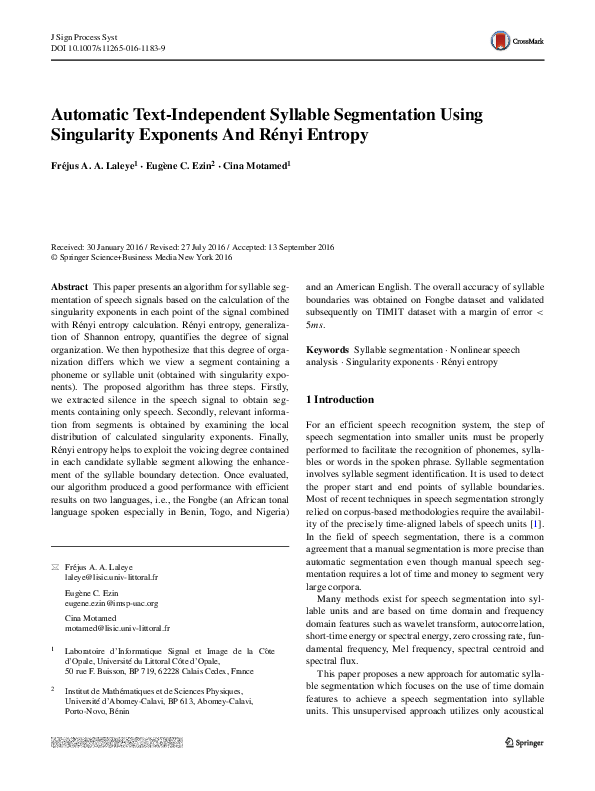 Pdf Automatic Text Independent Syllable Segmentation Using Singularity Exponents And Rényi Entropy
