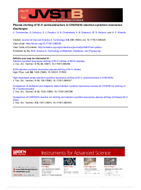 (PDF) Plasma etching of III–V semiconductors in CH4/H2/Ar electron cyclotron resonance discharges