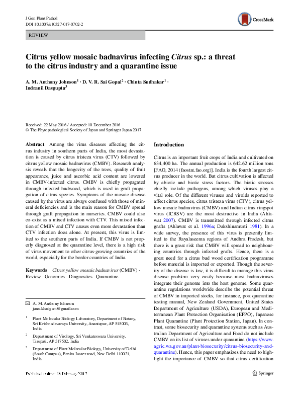 (PDF) Citrus yellow mosaic badnavirus infecting Citrus sp.: a threat to ...