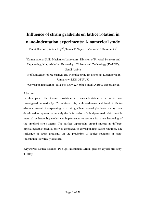 (PDF) Influence of strain gradients on lattice rotation in nano-indentation experiments: A ...