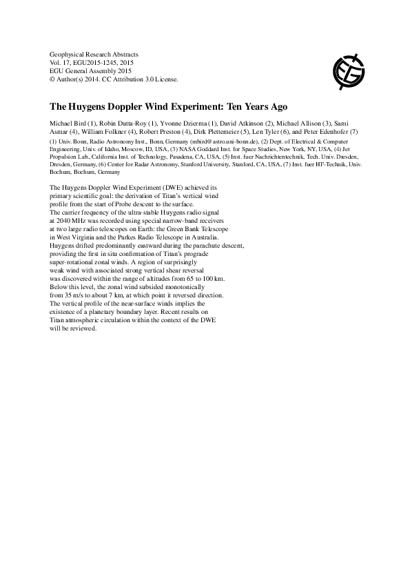 (PDF) The Huygens Doppler Wind Experiment: Ten Years Ago