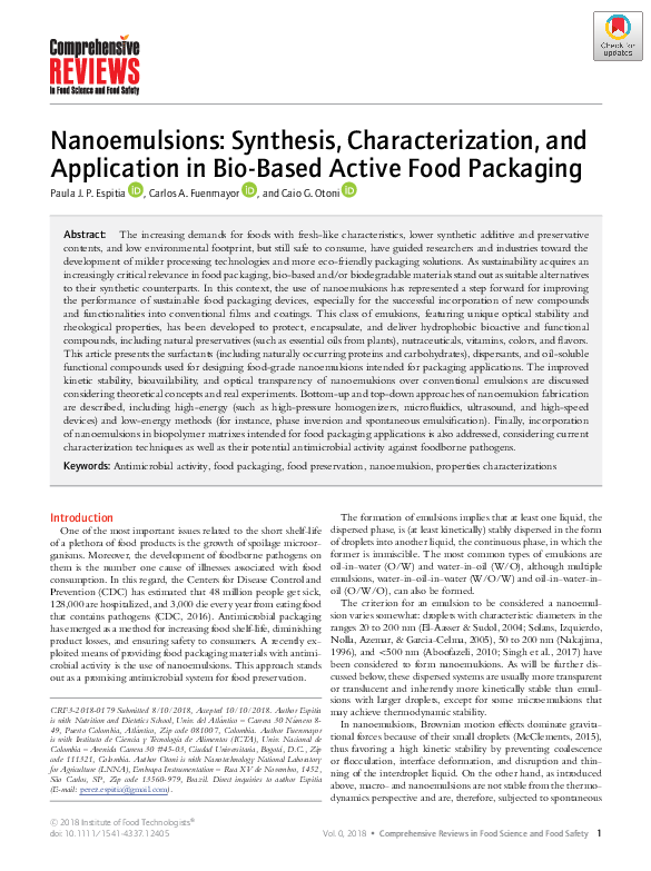 (PDF) Nanoemulsions: Synthesis, Characterization, and Application in Bio-Based Active Food Packaging