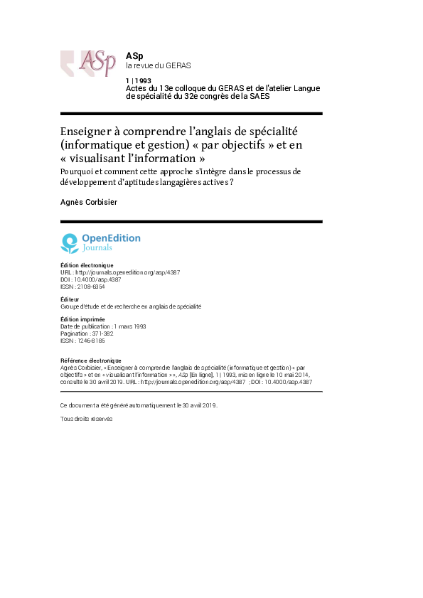 (PDF) Enseigner à comprendre l’anglais de spécialité (informatique et gestion) « par objectifs ...