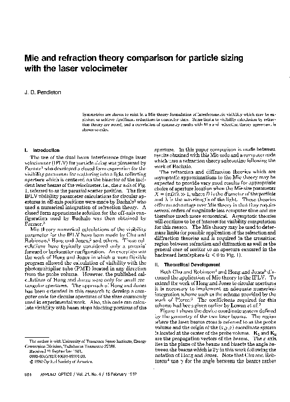 (PDF) Mie and refraction theory comparison for particle sizing with the laser velocimeter