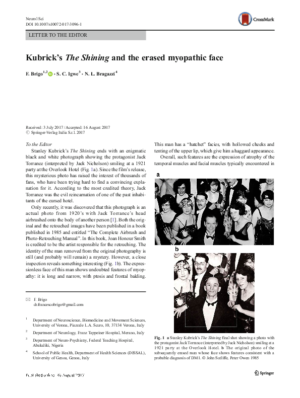 (PDF) Kubrick’s The Shining and the erased myopathic face