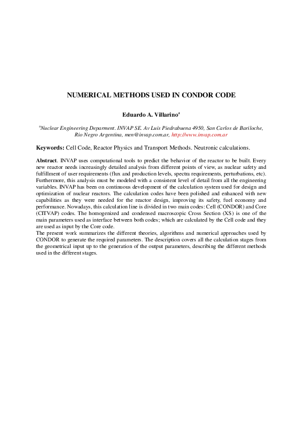 (PDF) NUMERICAL METHODS USED IN CONDOR CODE