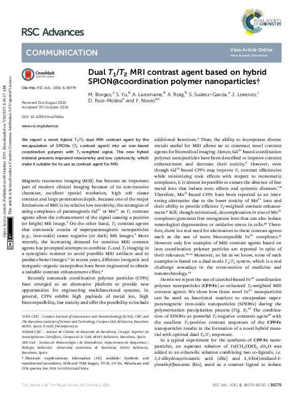 (PDF) Dual T1/T2 MRI contrast agent based on hybrid SPION@coordination ...