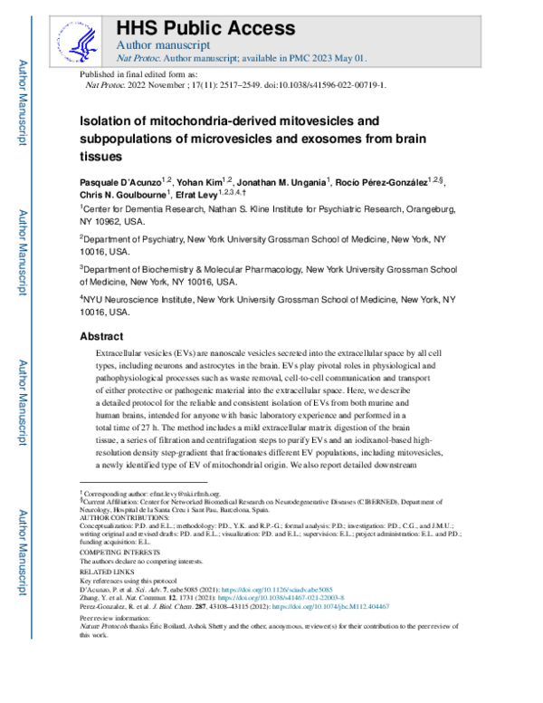 (PDF) Isolation of mitochondria-derived mitovesicles and subpopulations ...