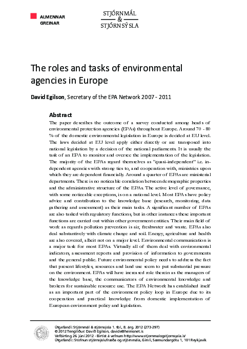 (PDF) The roles and tasks of environmental agencies in Europe