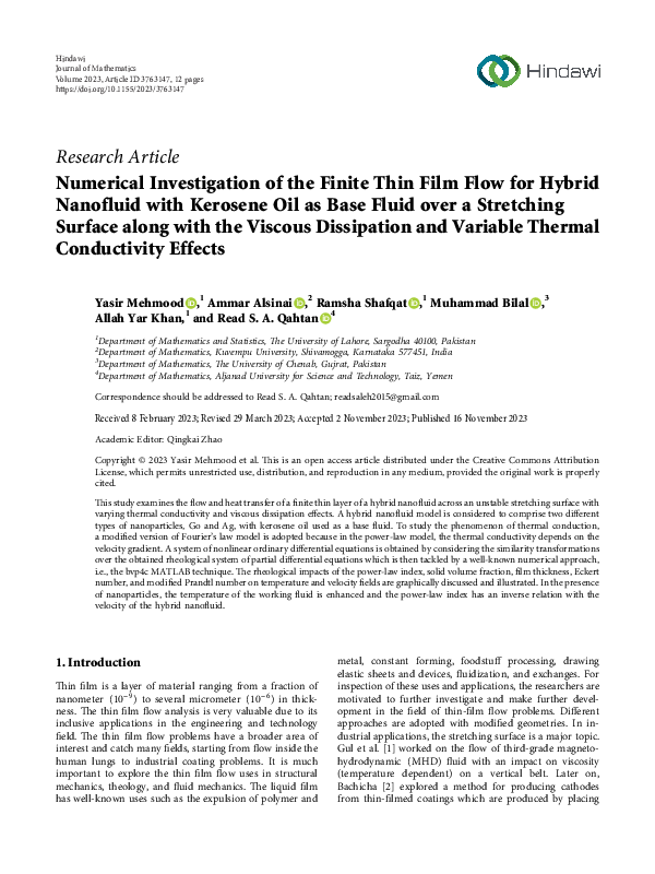 (PDF) Numerical Investigation of the Finite Thin Film Flow for Hybrid Nanofluid with Kerosene ...