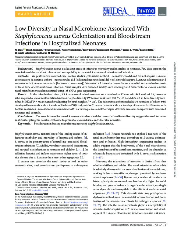 Pdf Low Diversity In Nasal Microbiome Associated With Staphylococcus Aureus Colonization And